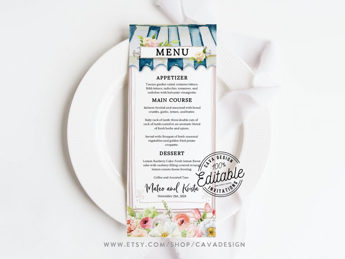 Garden Bridal Shower Menu Card Template, Floral Menu Card Template ...
