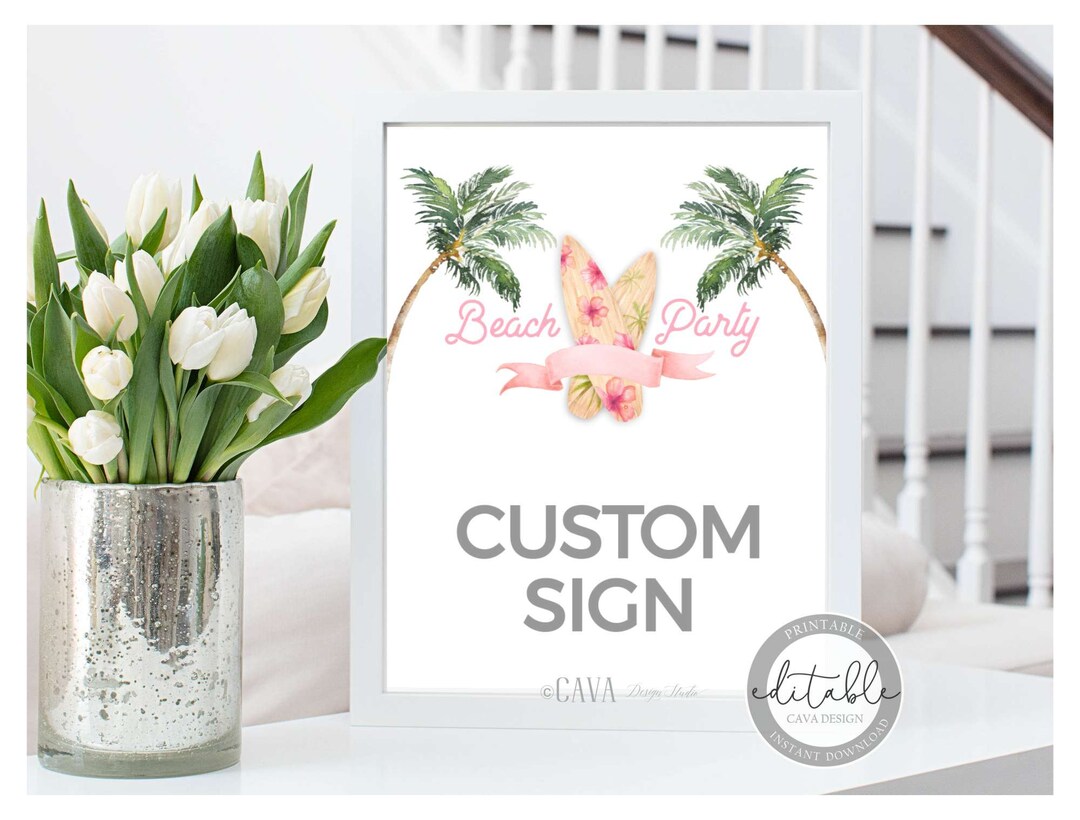 Beach Party Editable Sign, Custom Sign Template, Table Sign, Sign ...