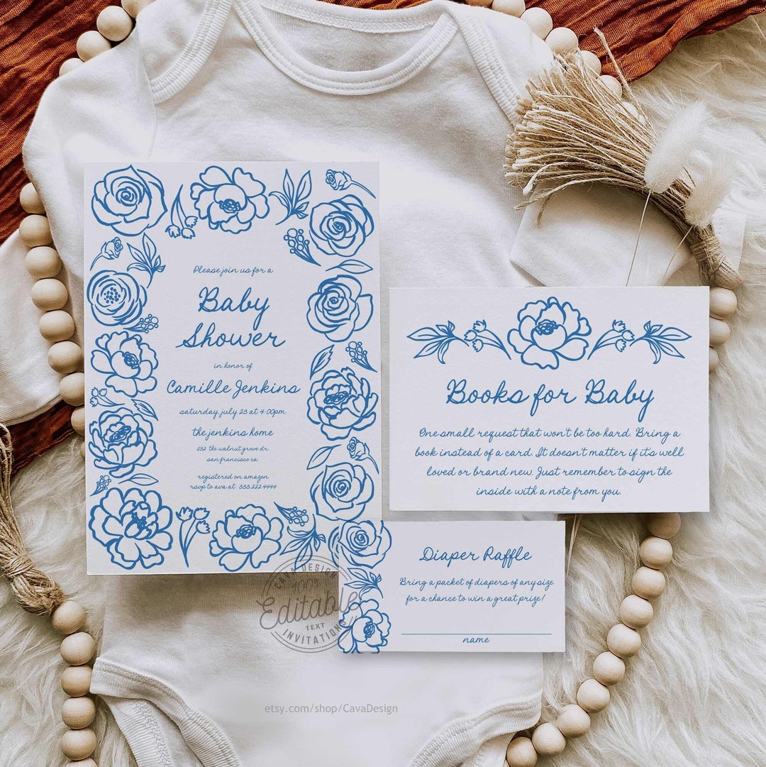 Editable Blue Floral Baby Shower Bundle, Hand Drawn, Books for Baby ...