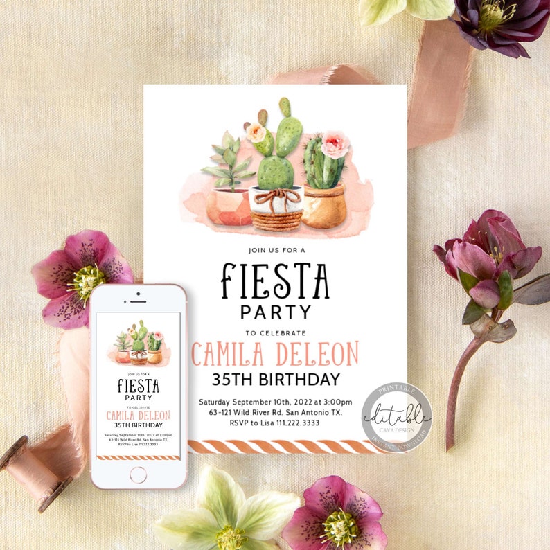 Editable Fiesta Birthday Invitation Cactus Invitation - Etsy