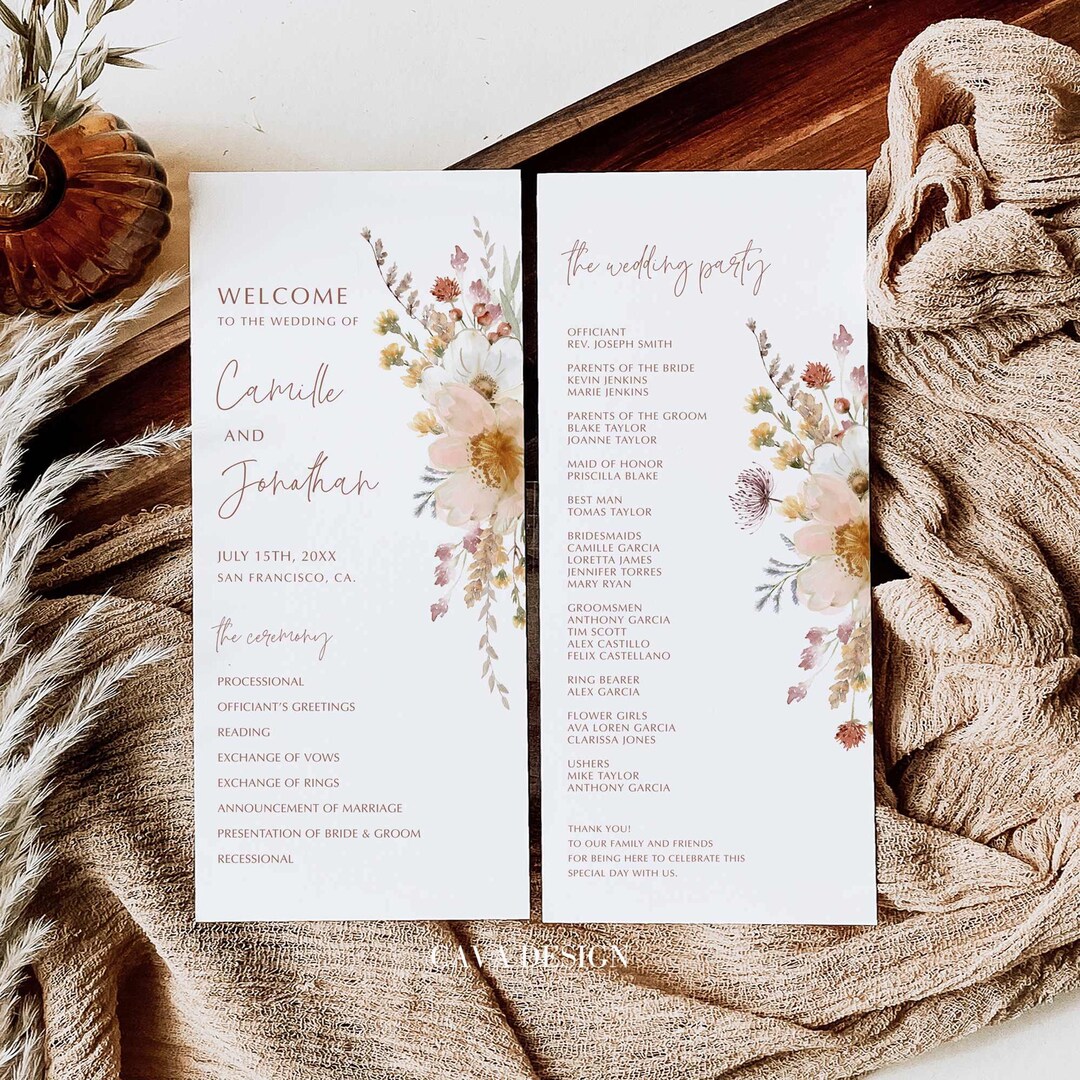 Boho Wedding Program Template, Fall Wedding Ceremony Program, Wildflower Wedding, PRINTABLE ...