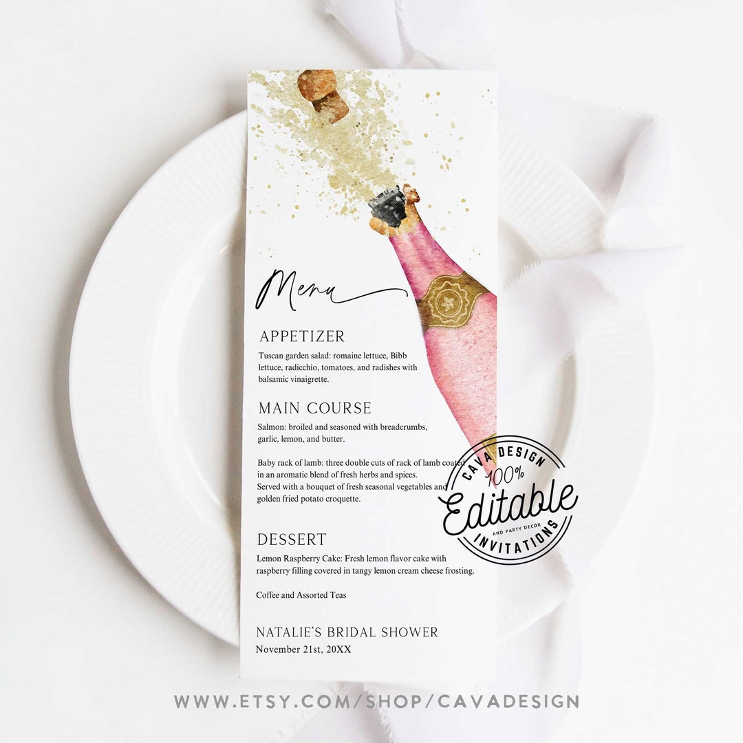 Pink Brunch and Bubbly Menu Card Template, Champagne Engagement Menu ...