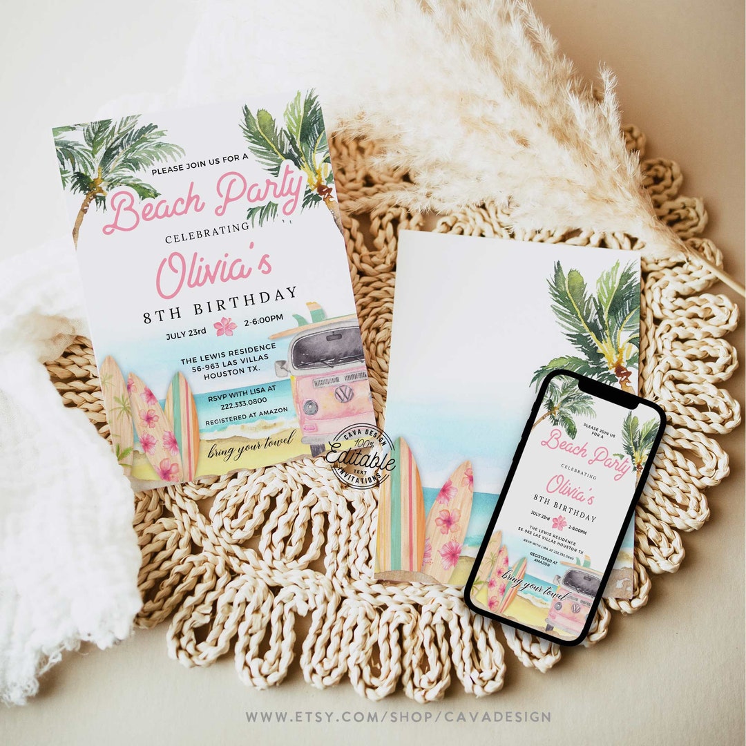Girl Beach Party Birthday Invitation, Evite Ocean Birthday Invitation ...