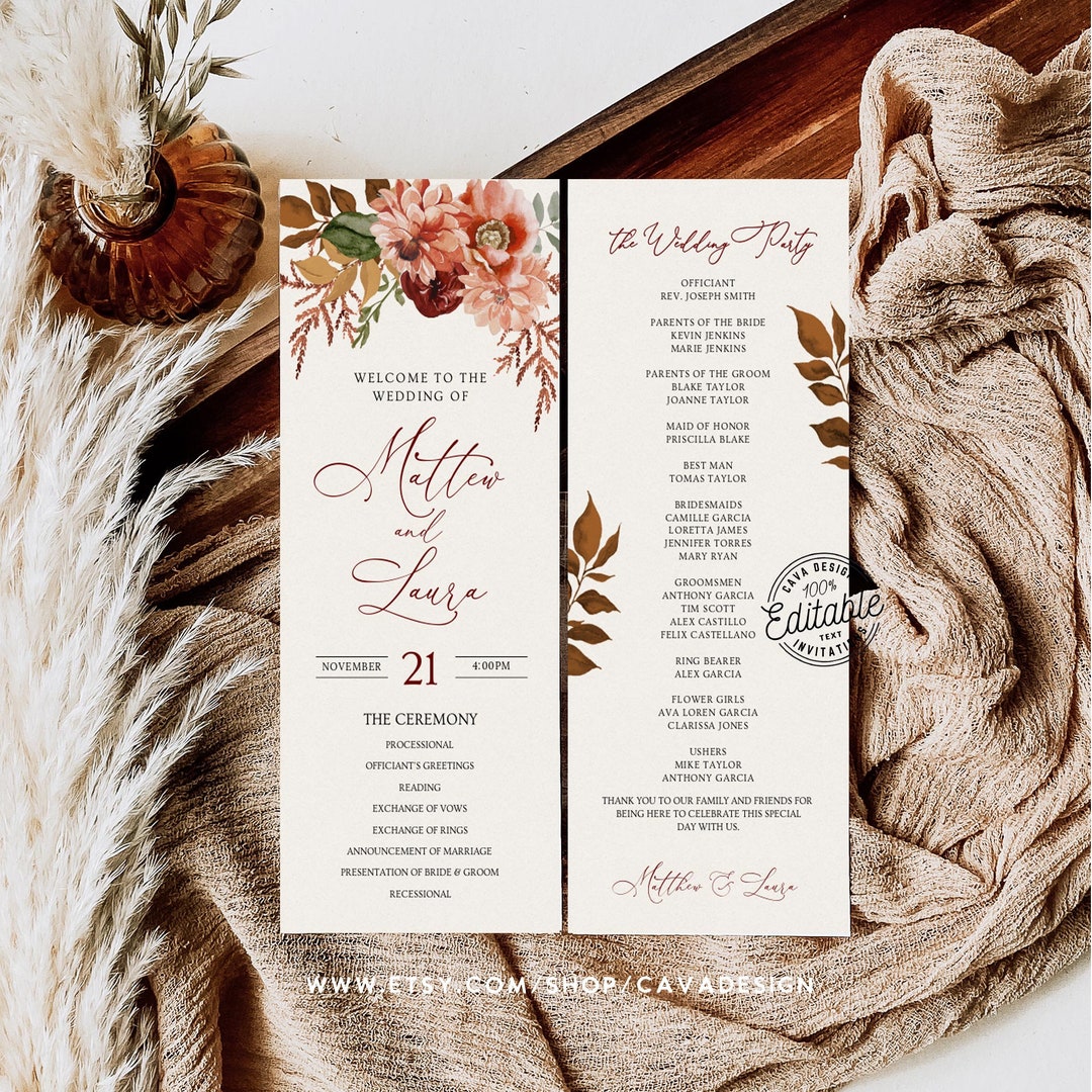 Fall Rustic Wedding Program Template, Editable Boho Wedding Program ...