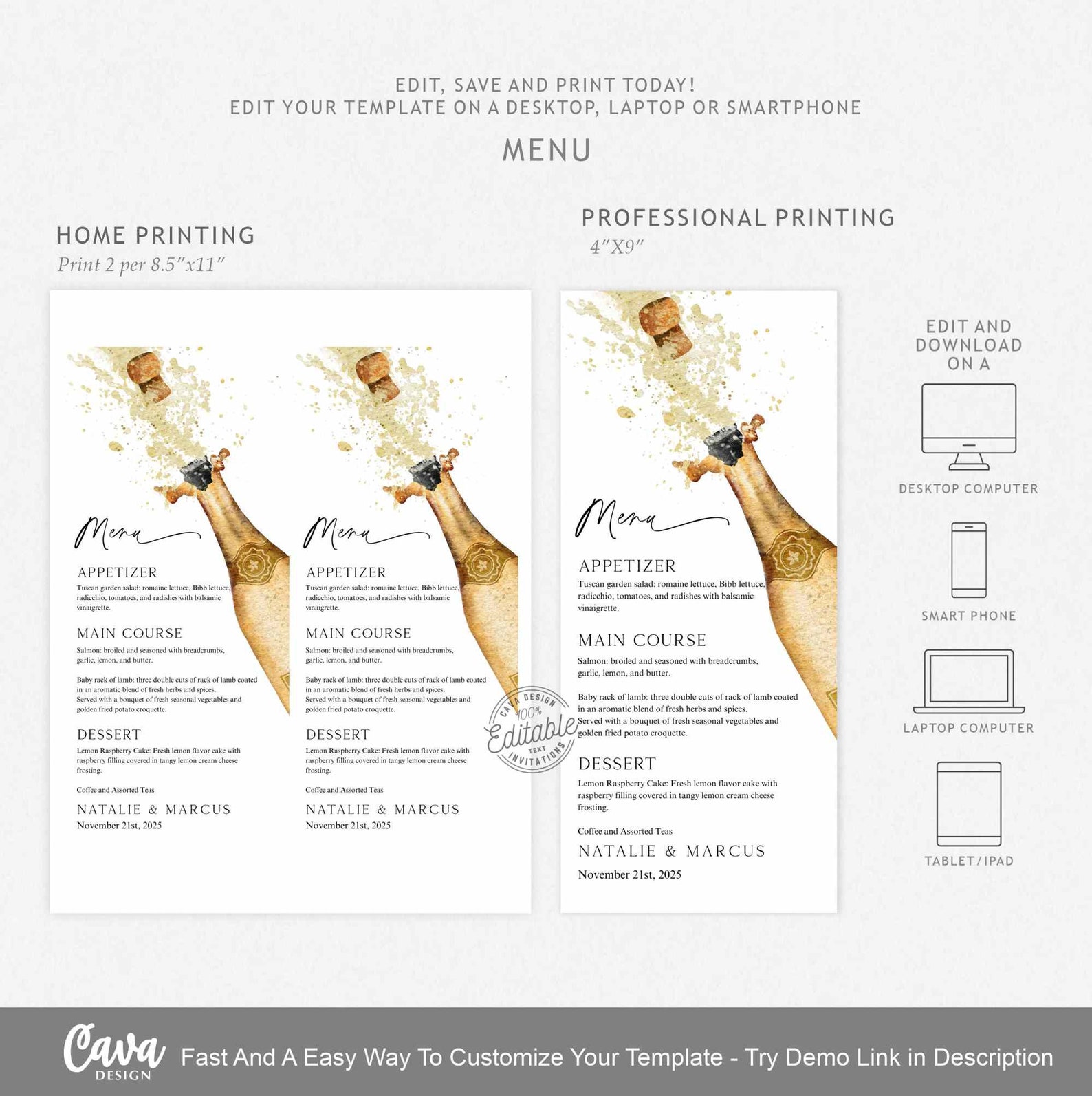 Brunch and Bubbly Menu Card Template, Champagne Engagement Menu Card ...