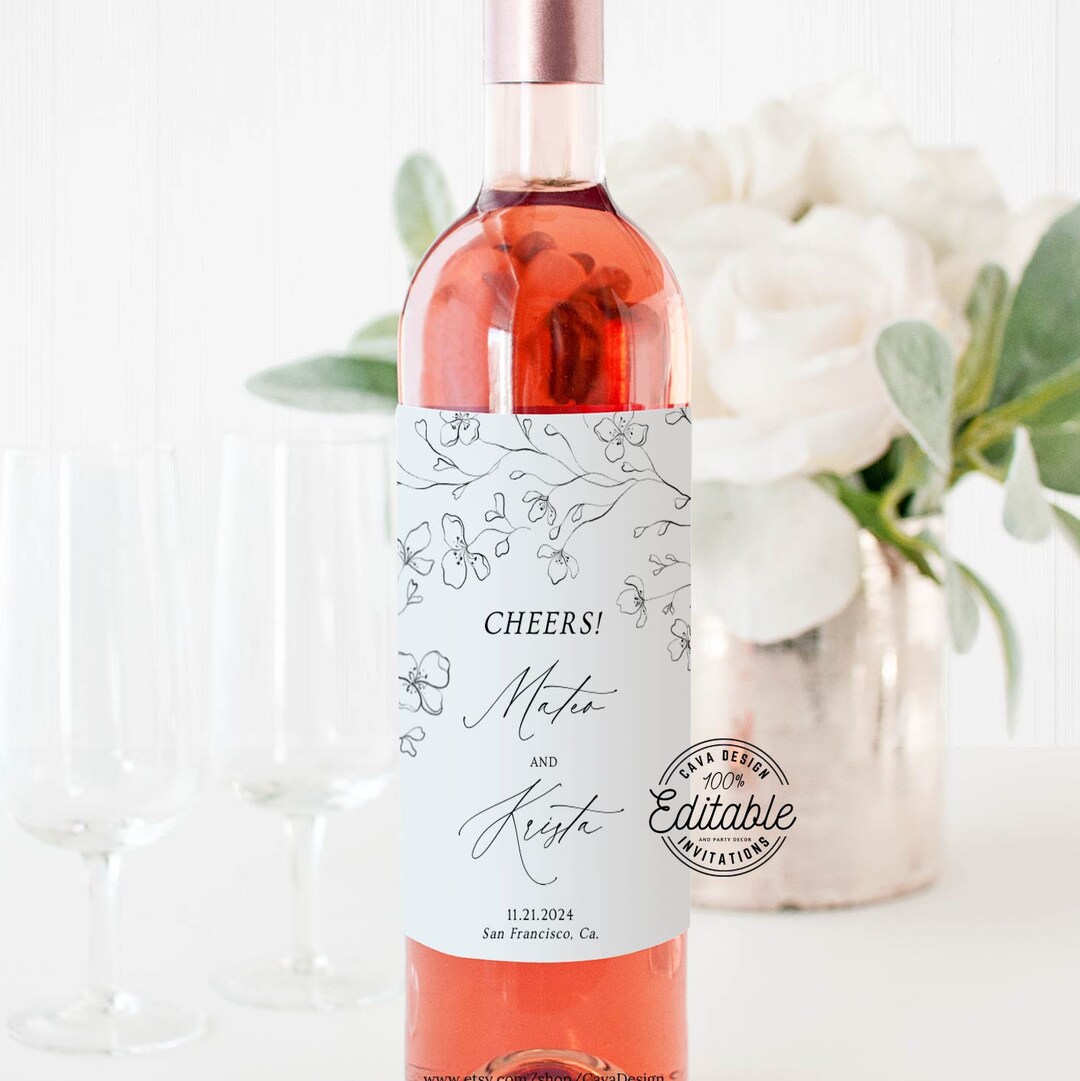Printable Minimalist Wedding Wine Labels, Printable Black & White Wine ...