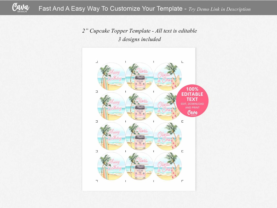 Beach Girl Birthday Cupcake Toppers Template, Girl Surfing Birthday ...