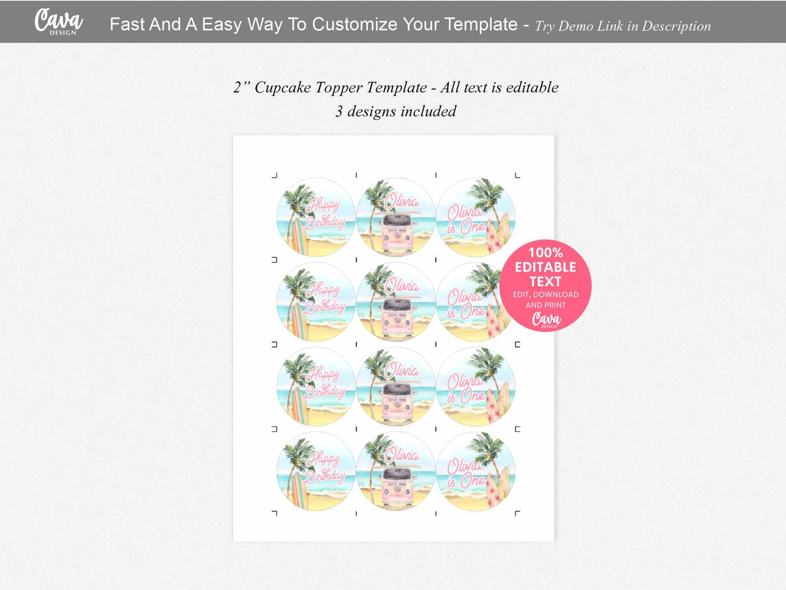 Beach Girl Birthday Cupcake Toppers Template Girl Surfing - Etsy