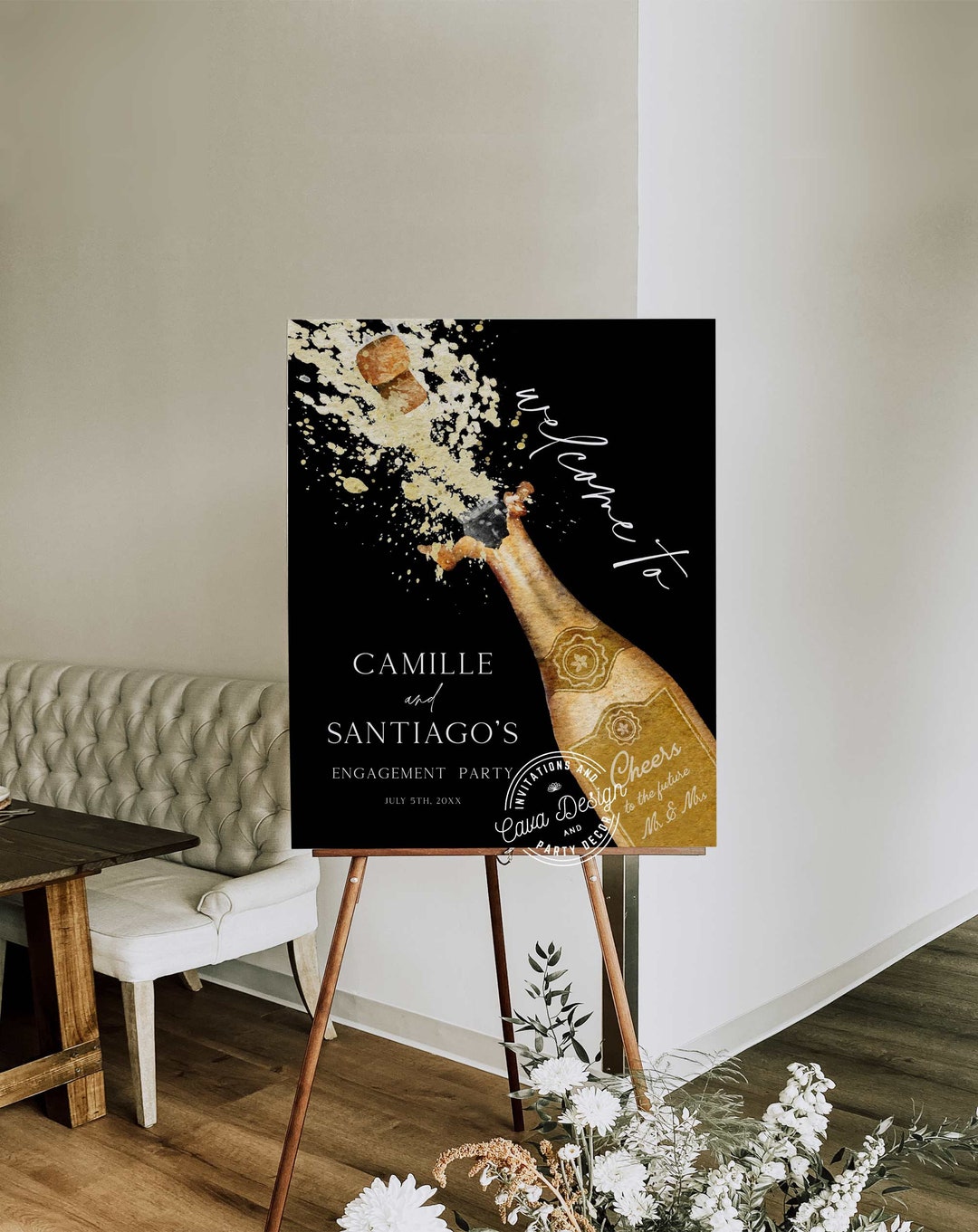 Cheers Couples Engagement Welcome Sign | Black and Gold Champagne ...