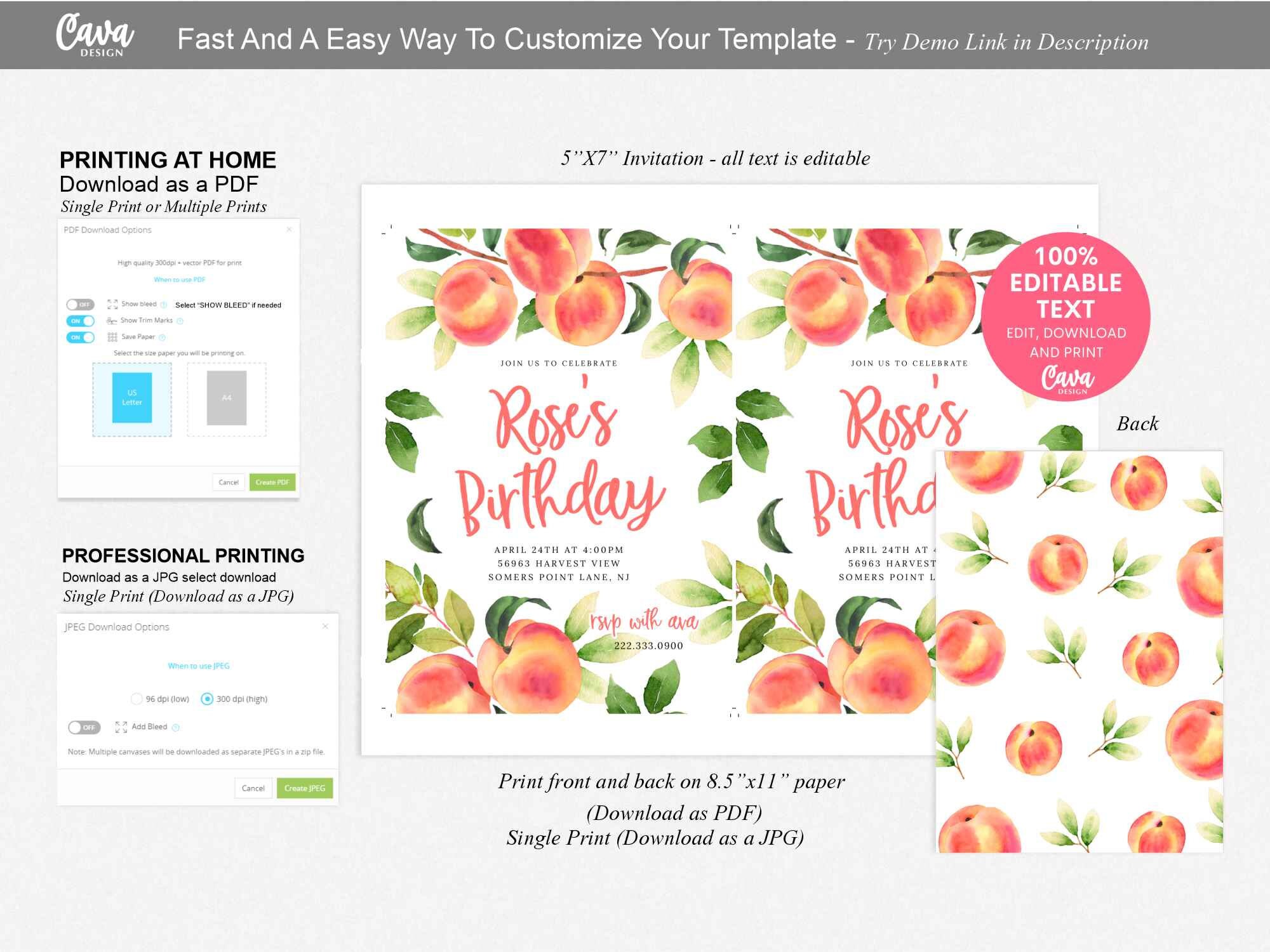 Editable Peach Birthday Invitation Peach Theme Party - Etsy UK