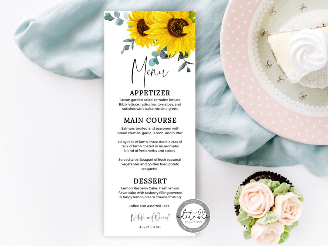 Sunflower Menu Card Template, Wedding Menu Template, Sunflower Editable ...