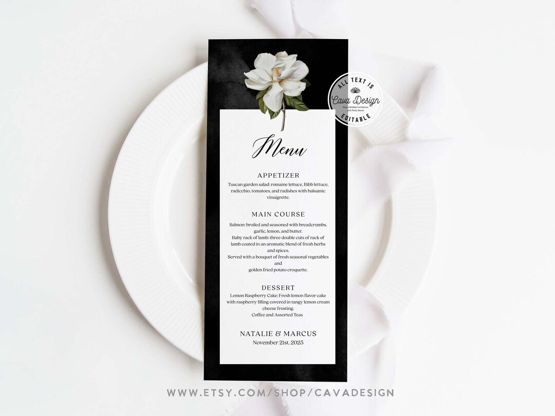 Black and White Magnolia Wedding Menu Template, Garden Wedding Dinner ...