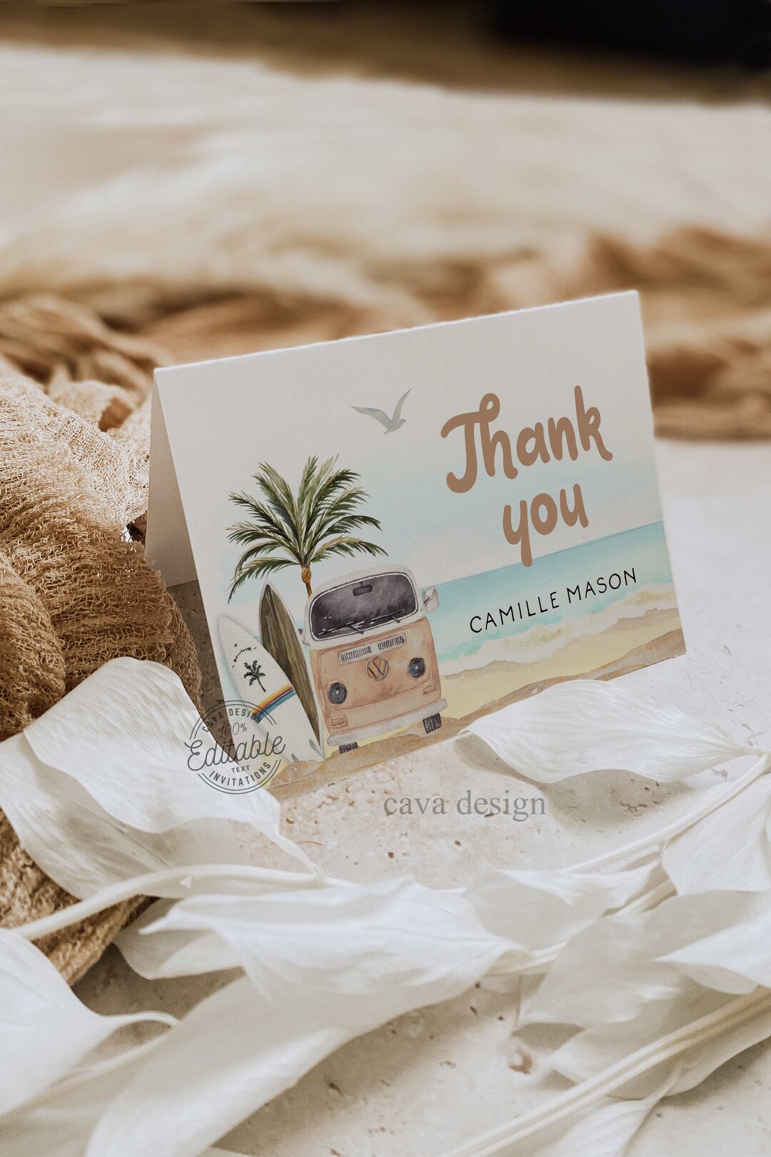 Beach Baby Shower Thank You Card, Boho Beach Thank You Card Template ...
