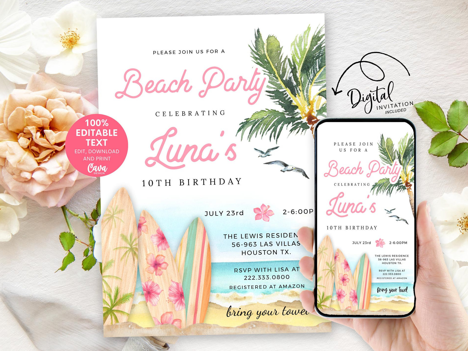 Editable Girl Beach Birthday Party Invitation, Digital Invitation Pool ...