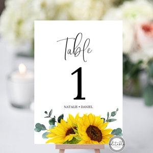 Sunflower Themed Wedding Table Numbers, Editable Table Number Cards ...