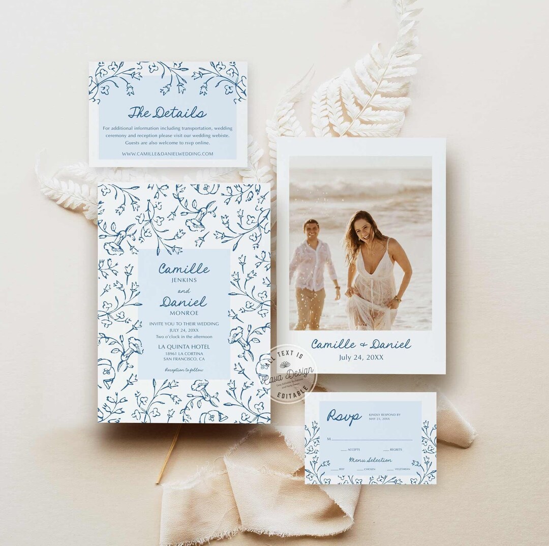Floral Blue Wedding Invitation Bundle, Vintage Botanical Wedding ...