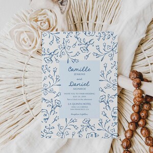 Blue Floral Vintage Wedding Invitation, Garden Wedding Invitation, Blue ...