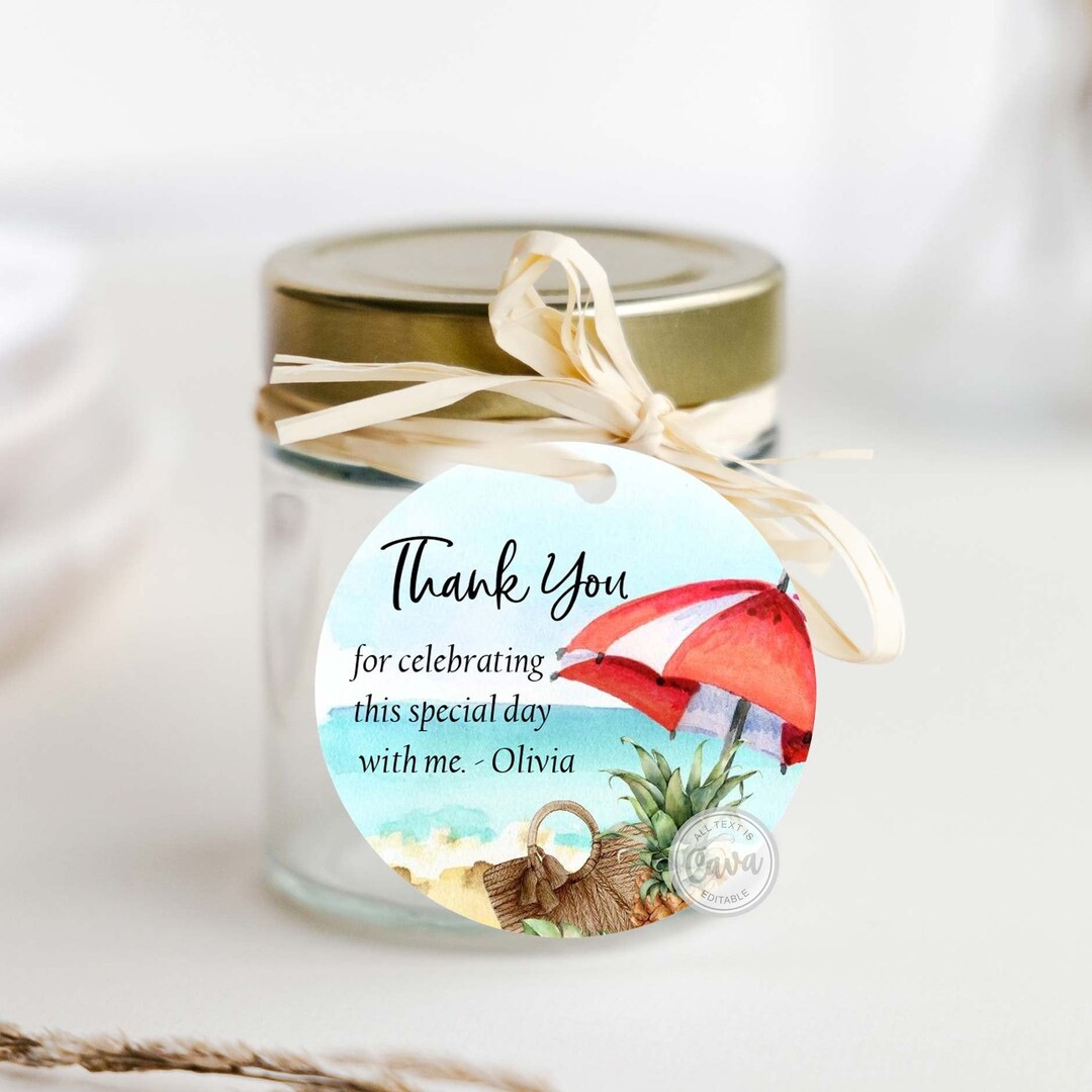 Beach Birthday Party Favor Tag Template, Printable Summer Theme Round ...