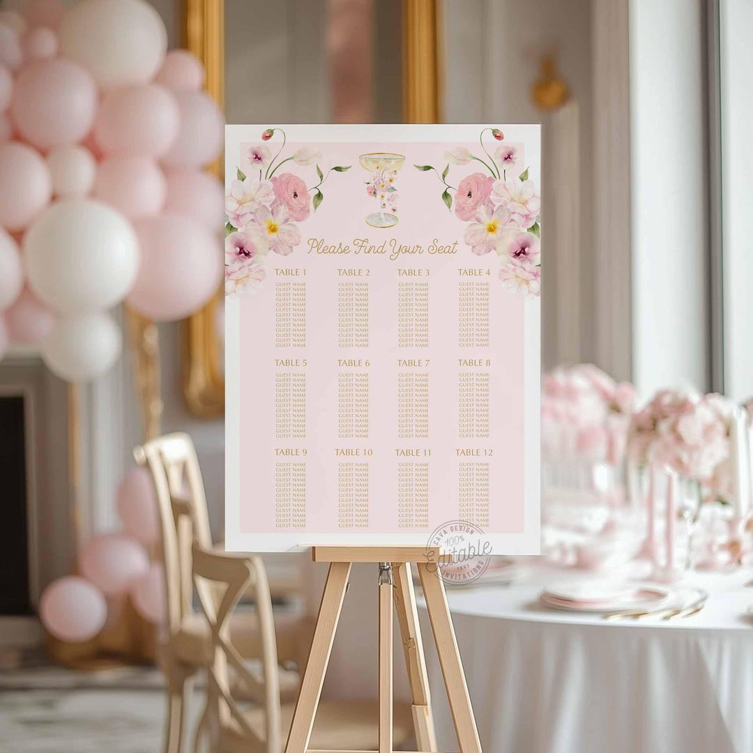 Blush Pink Floral Seating Chart Template, Petals and Prosecco Bridal ...