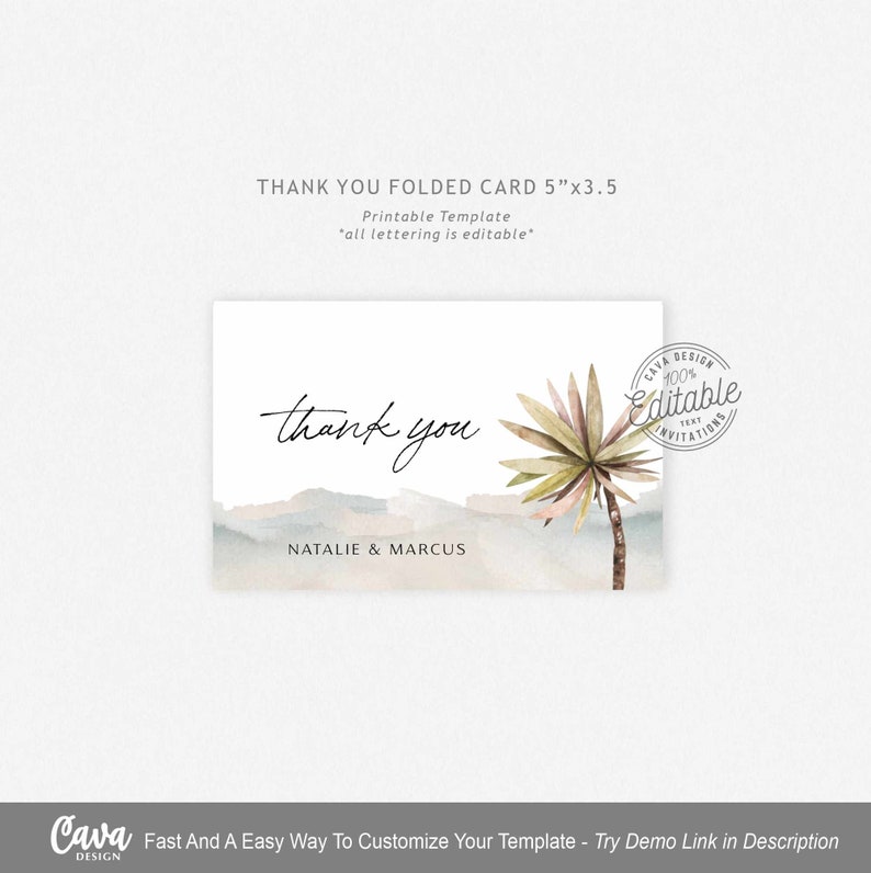 Desert Thank You Card Printable, Cactus Palm Wedding Thank You Card ...