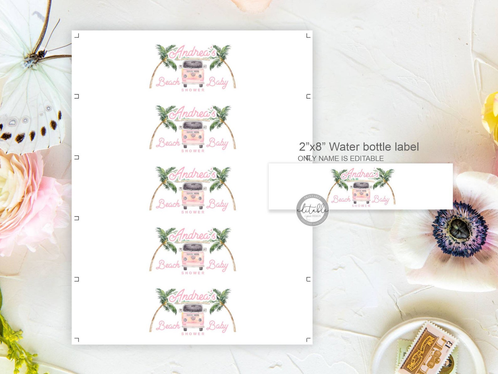 Beach Themed Water Bottle Label Template Sufer Baby Shower | Etsy