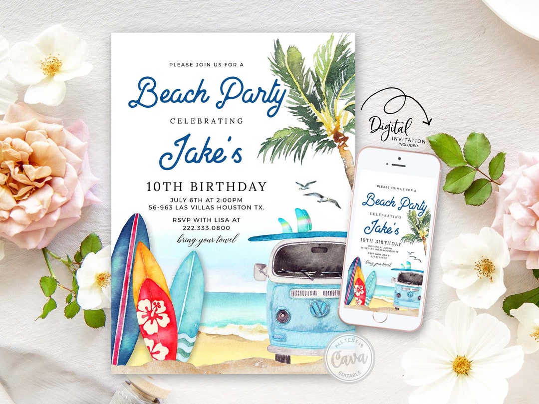 Boy Beach Party Invitation, Summer Boy Birthday Invitation, Surf ...