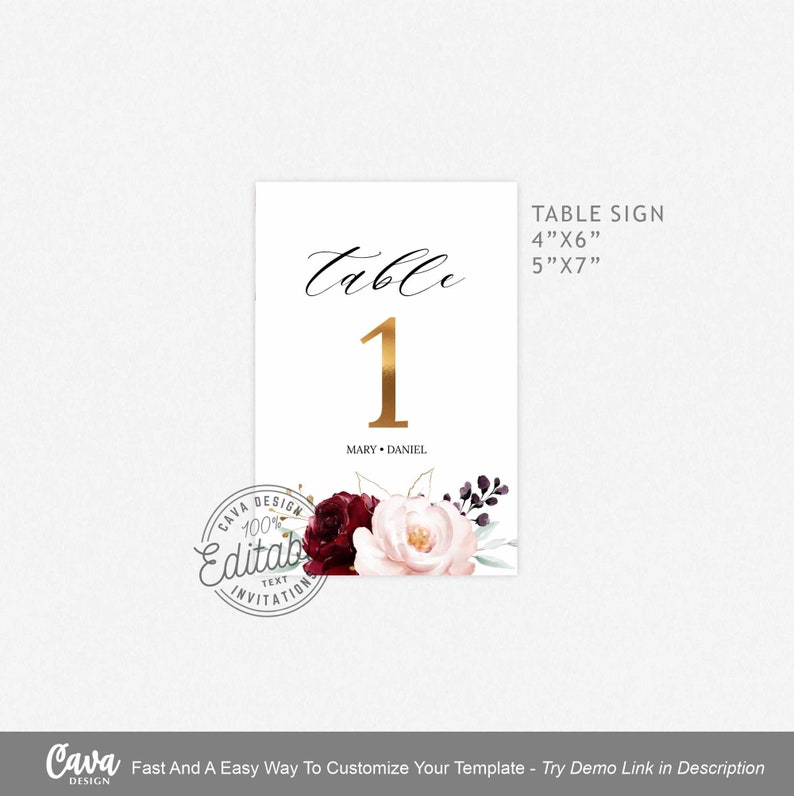 Burgundy Wedding Table Number Printable Signs Editable Table - Etsy