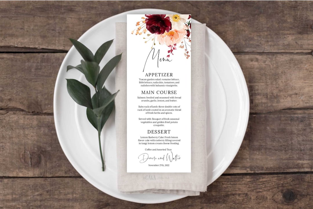 Fall Wedding Menu Card Template, Burgundy Menu Card Template, Editable ...
