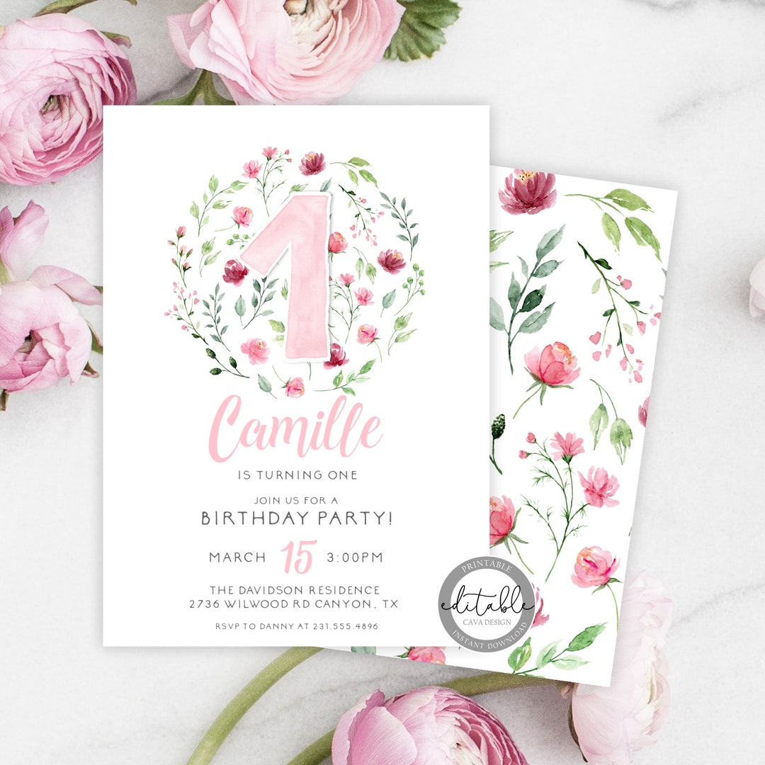 Baby Girl First Birthday Invitation, Pink Flower Birthday Invitation ...