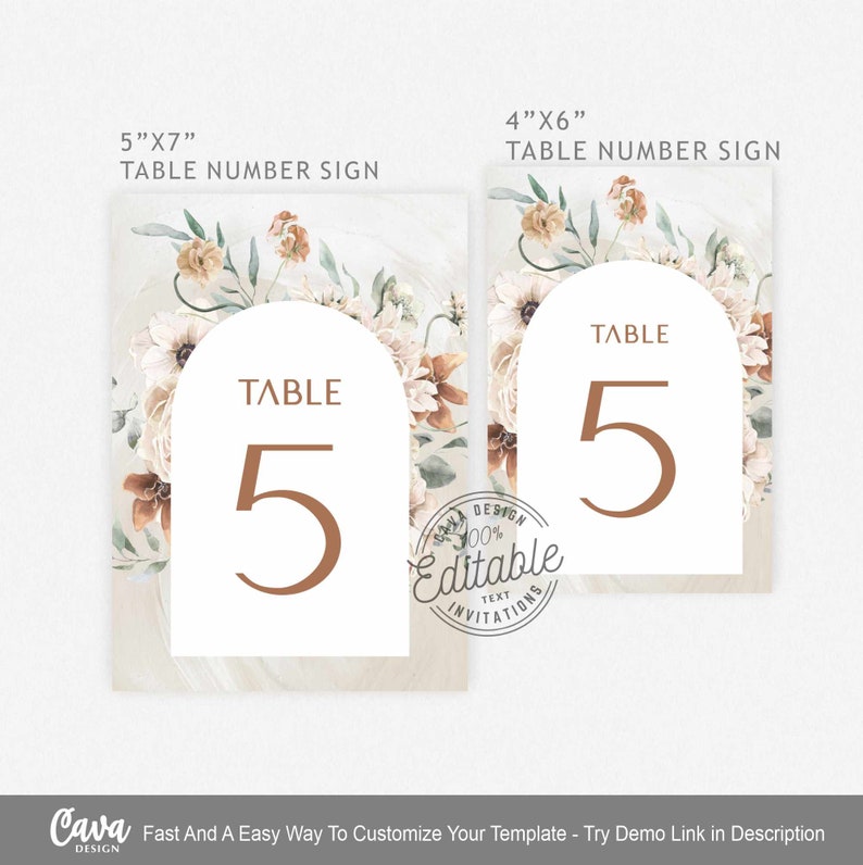 Boho Wedding Table Number Sign Templates, Boho Arched Editable Table ...