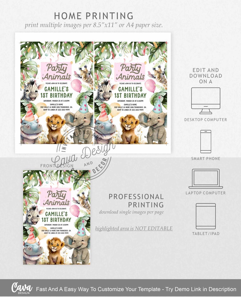 Party Animals 1st Birthday Invitation Template | Jungle Birthday Party ...