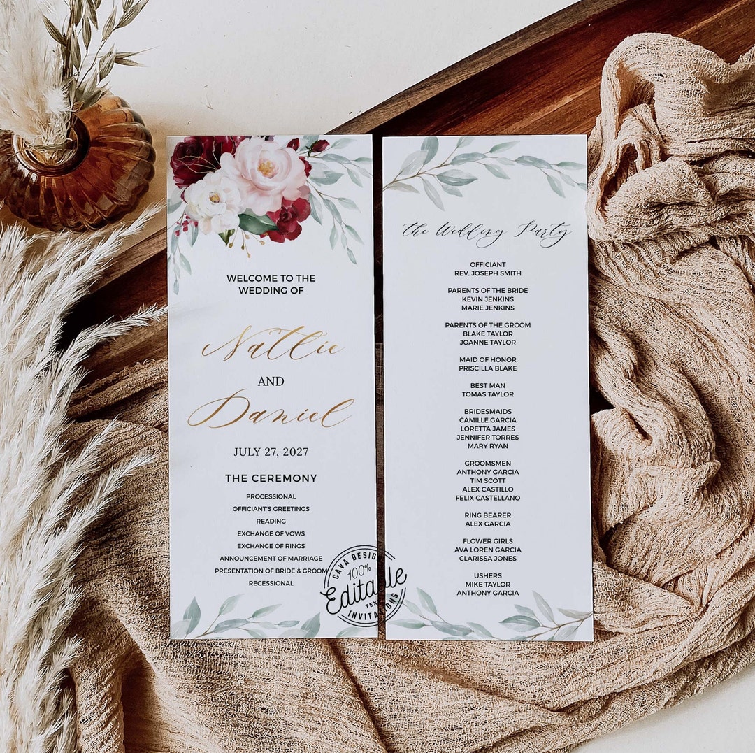 Burgundy Flower Wedding Program Template, Editable Program Template ...