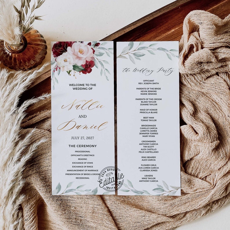 Burgundy Flower Wedding Program Template Editable Program | Etsy