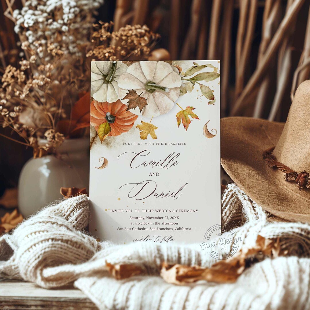 Boho Fall Wedding Invitation, White Pumpkin Wedding Invite, Autumn ...
