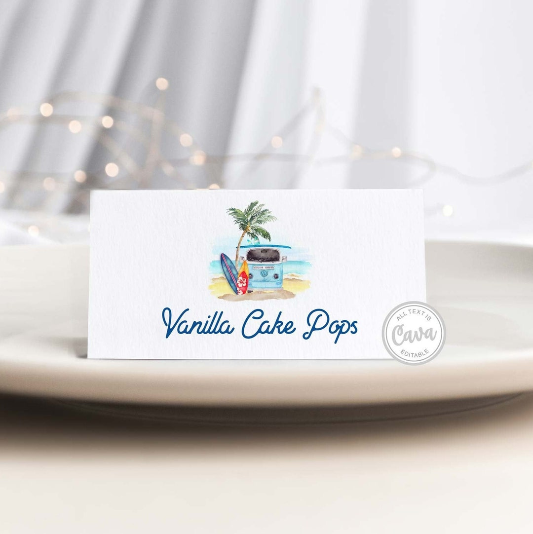 Beach Birthday Party Buffet Cards, Surf Themed Place Card Template ...