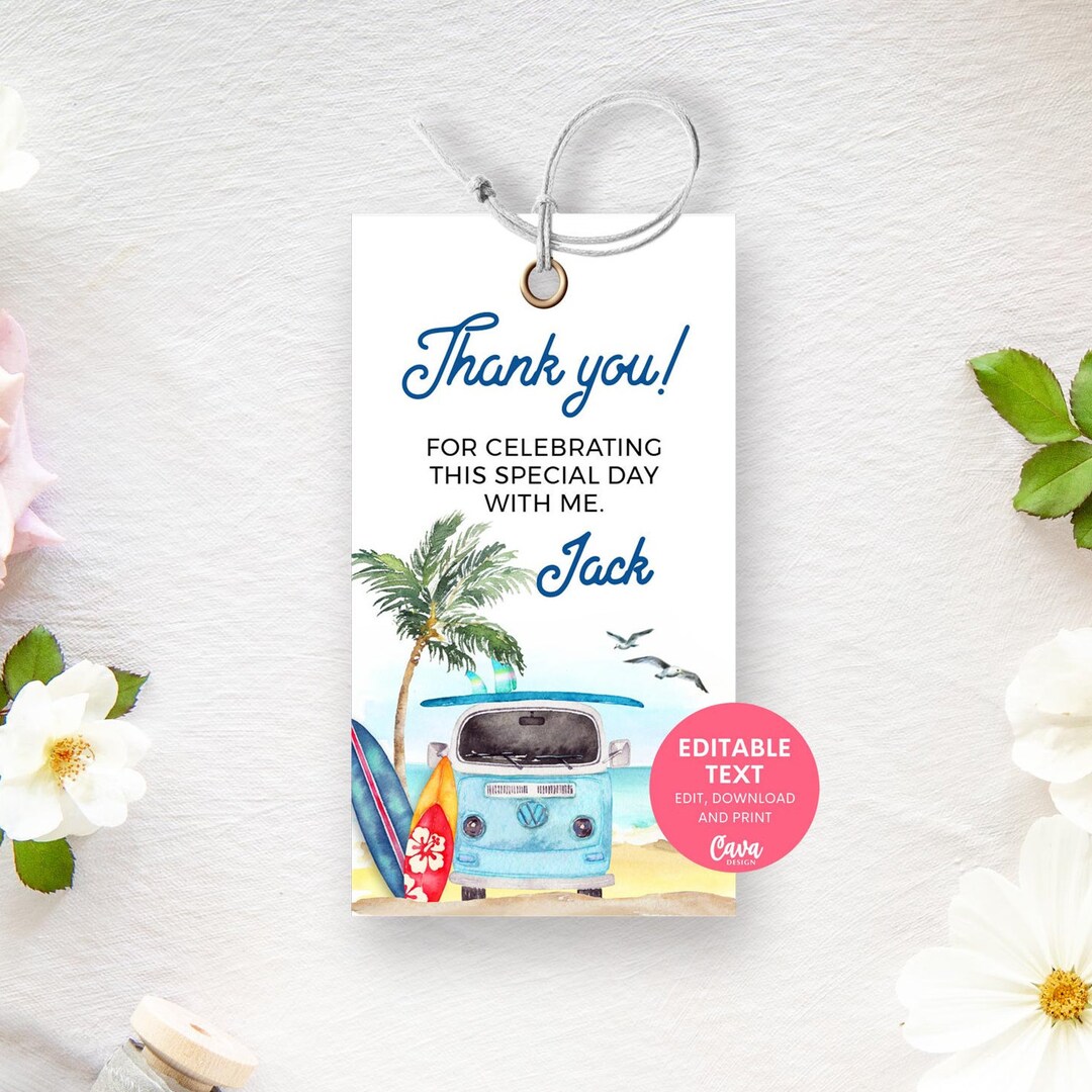 Printable Surfing Theme Birthday Gift Tags, Summer Beach Birthday Thank ...