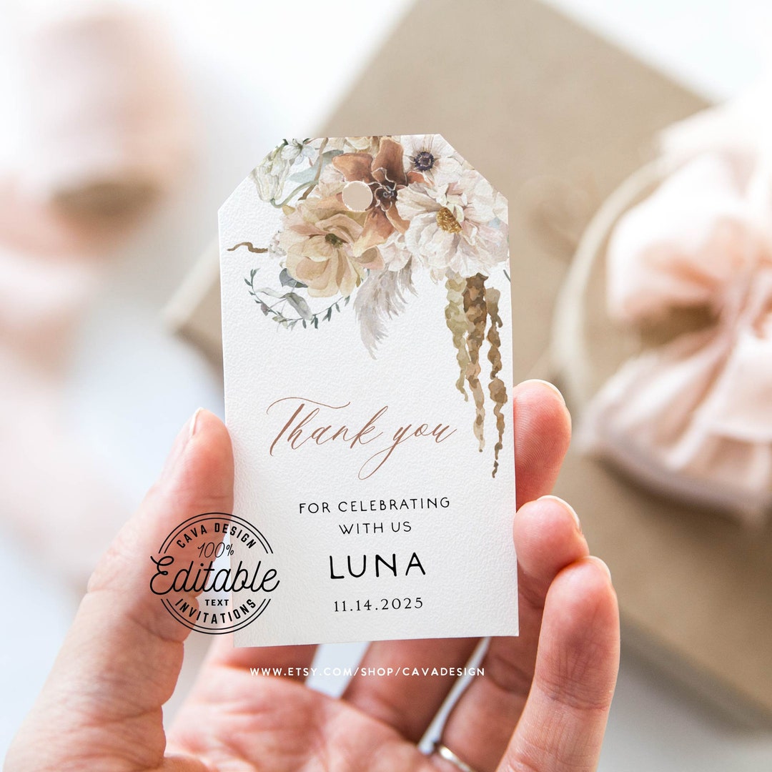 Boho Favor Gifts Tags, Pampas Grass Favor Tags, Bohemian Baby Shower ...