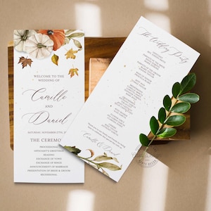 Rustic Fall Wedding Programs Template, White Pumpkin Wedding Timeline ...