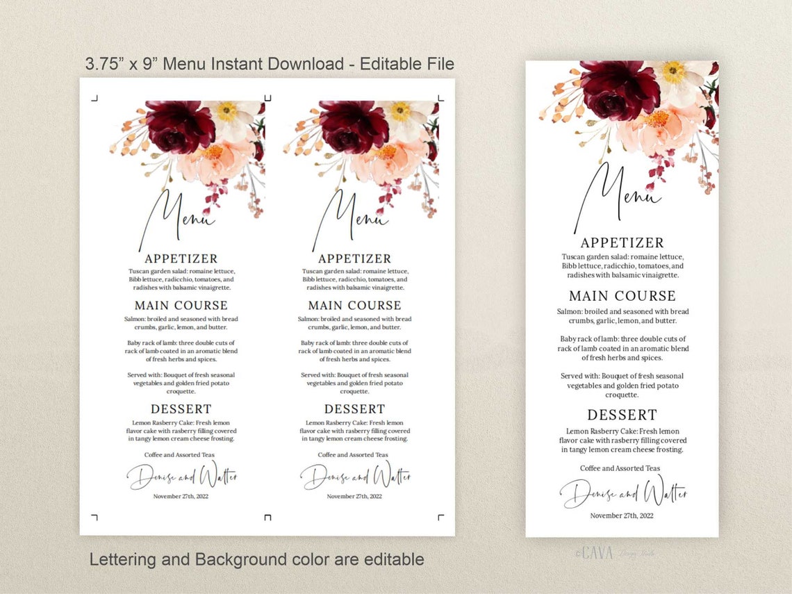 Fall Wedding Menu Card Template Burgundy Menu Card Template | Etsy