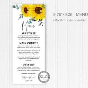 Sunflower Menu Card Template, Wedding Menu Template, Sunflower Editable ...