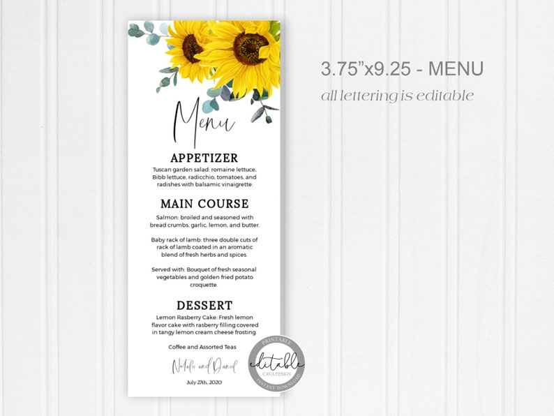Sunflower Menu Card Template, Wedding Menu Template, Sunflower Editable ...