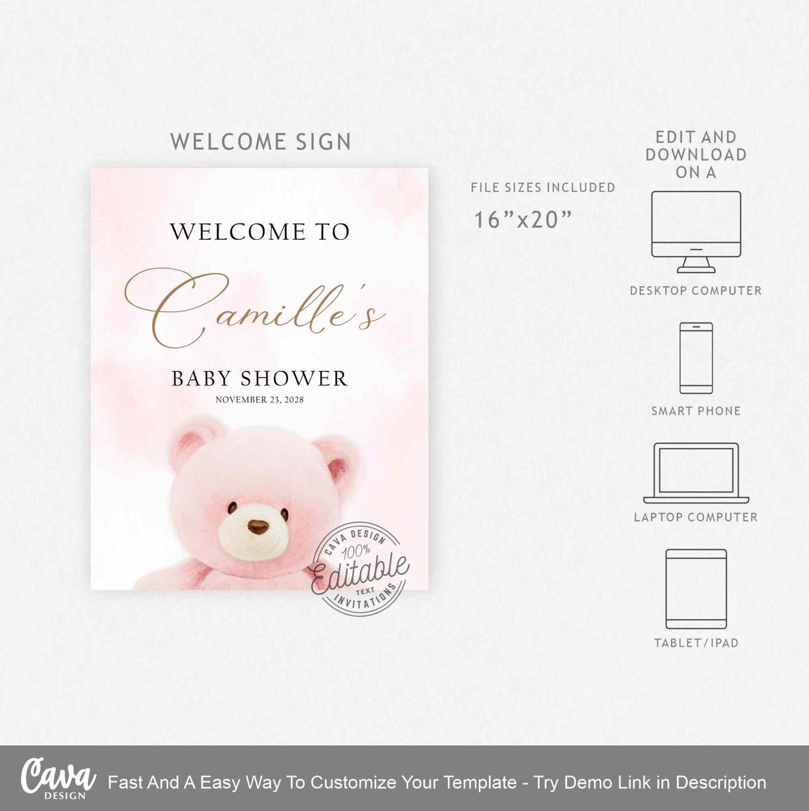 Editable Pink Teddy Bear Welcome Sign Template Bear Baby - Etsy