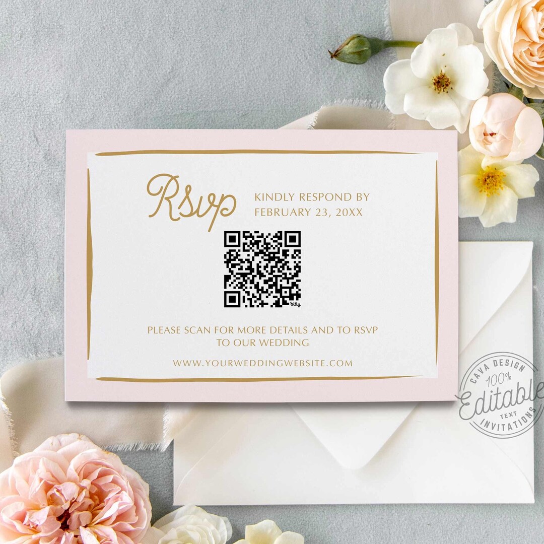 QR Code Wedding Invitation Template, Pink and Gold QR Code RSVP ...