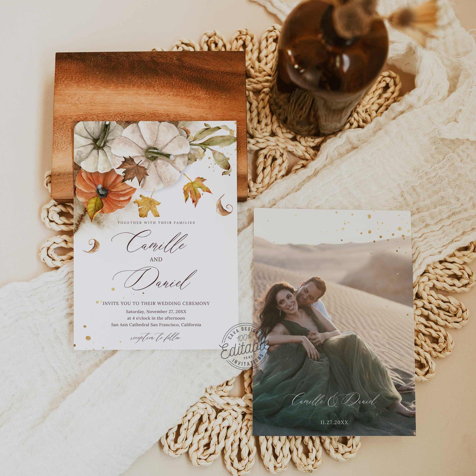 Boho Fall Wedding Invitation, White Pumpkin Wedding Invite, Autumn ...