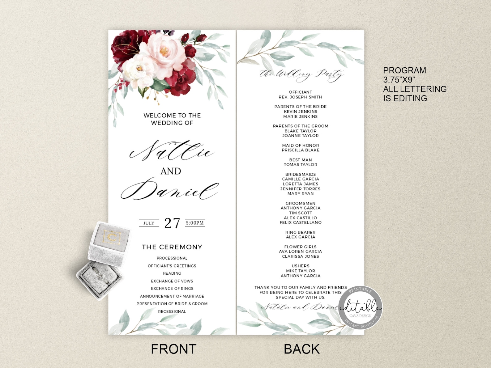 Burgundy Flower Wedding Program Template Editable Program | Etsy