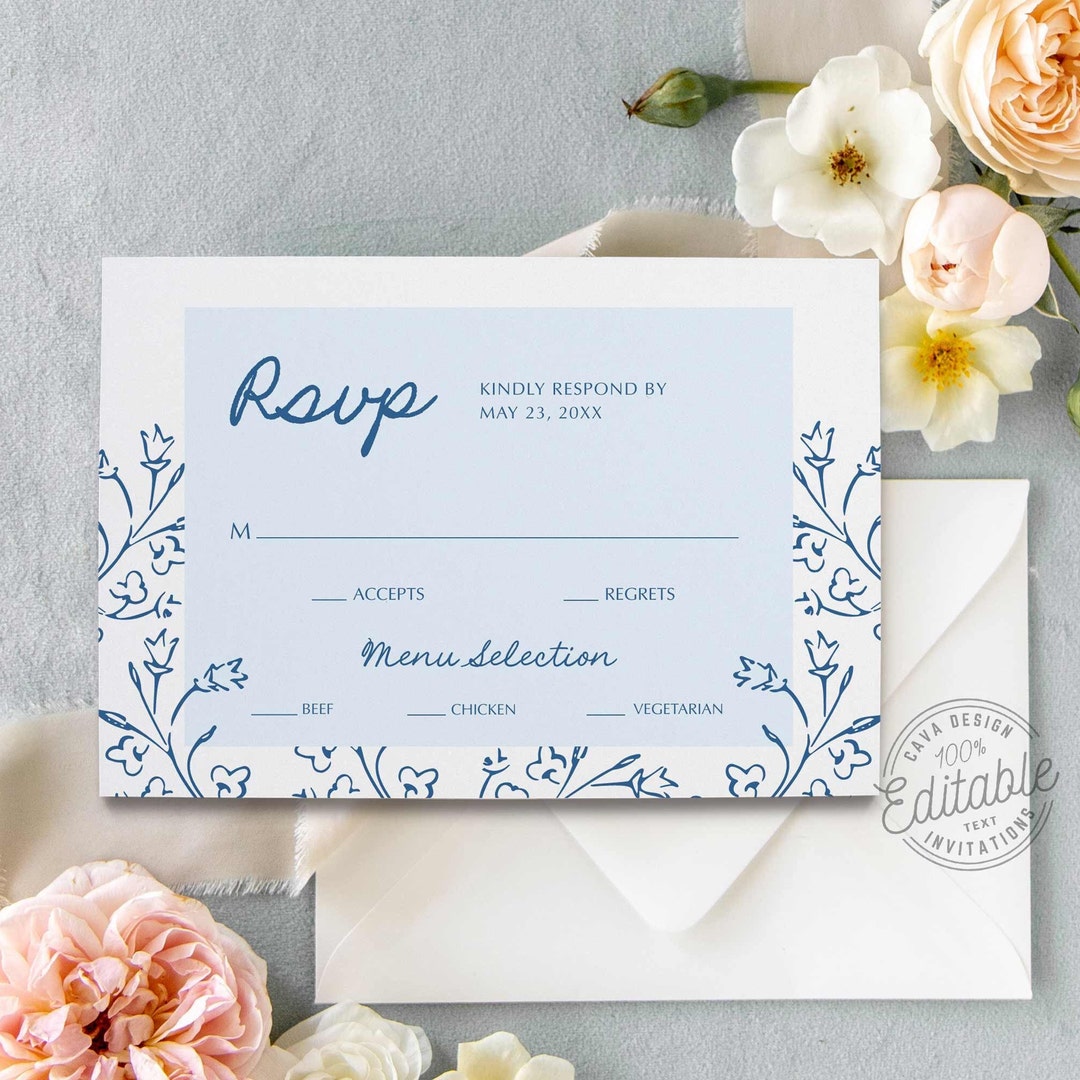 Blue Floral Wedding RSVP Card, Blue Vintage Botanical Wedding RSVP ...