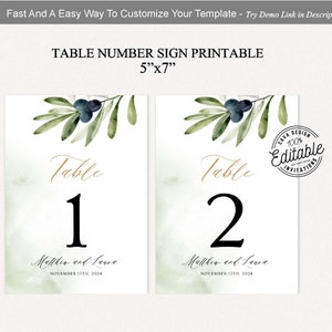 Olive Branch Wedding Table Number Sign Templates, Boho Wedding Theme ...