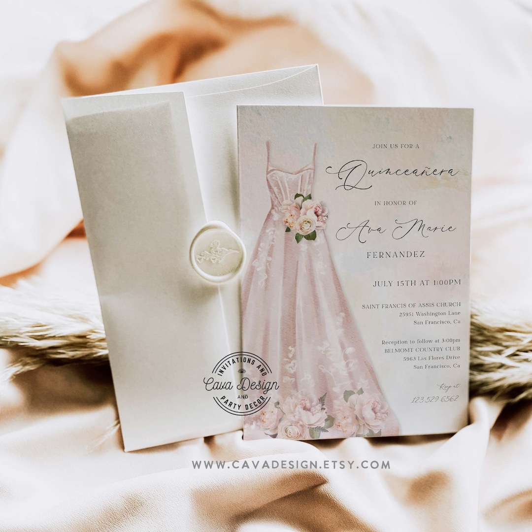 Blush Pink Floral Quinceanera Birthday Invitation, Pink Dress ...