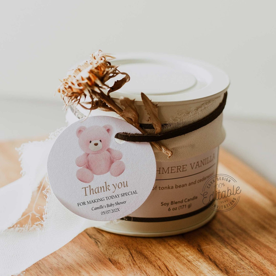 Pink Teddy Bear Thank You Tags, Bear Baby Shower Favor Tags, Round and ...