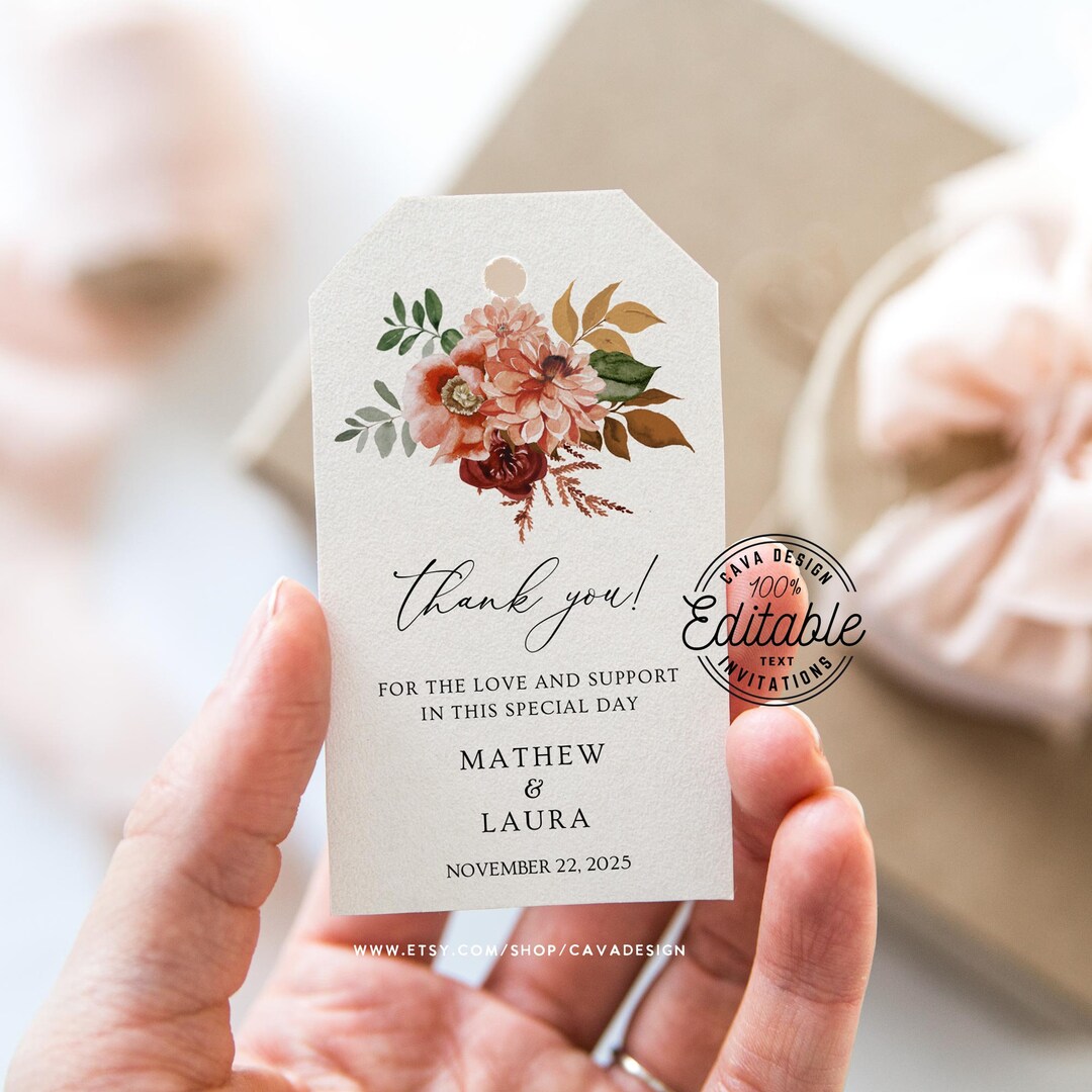 Fall Rustic Favor Tag Template, Printable Boho Wedding Thank You Tag ...